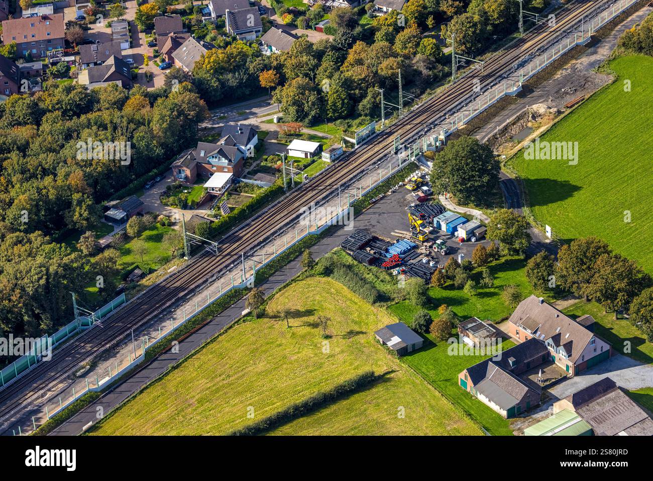 Aerial view, construction site with noise barrier, Rönskenstraße bridge ...