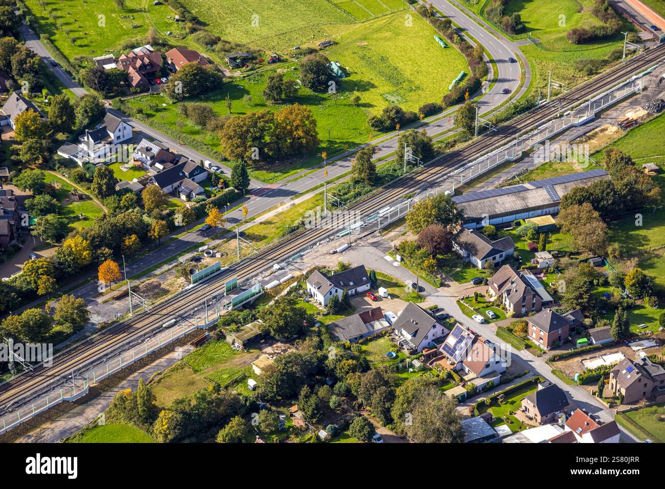 Aerial view, construction site with noise barrier, Hammweg bridge and ...