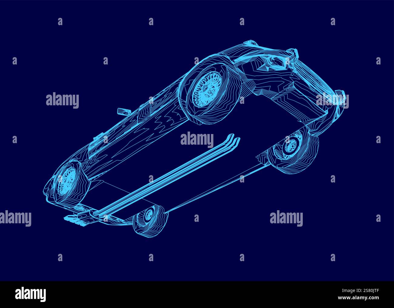 Blue drawing of a car with the hood up. The car is upside down and the ...