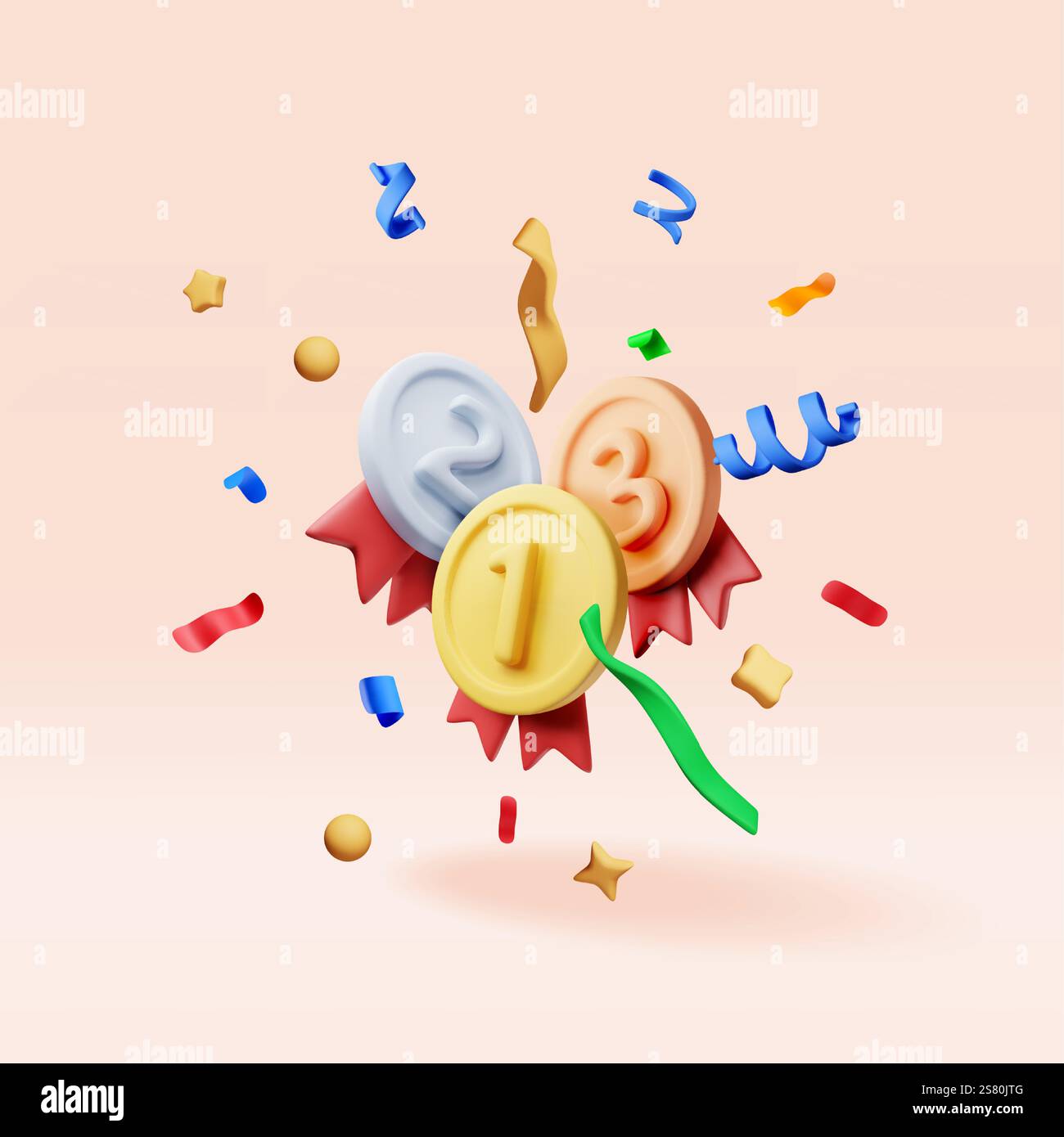 3d medals with red ribbons in confetti. Render gold, silver, bronze ...