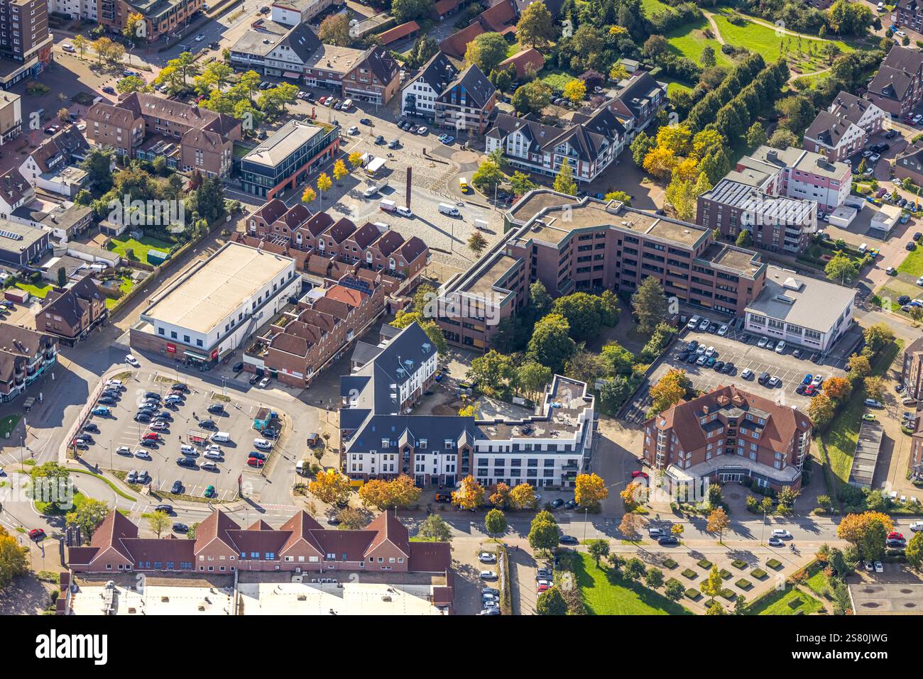 Aerial view, town hall and town hall square, shopping center with Penny ...