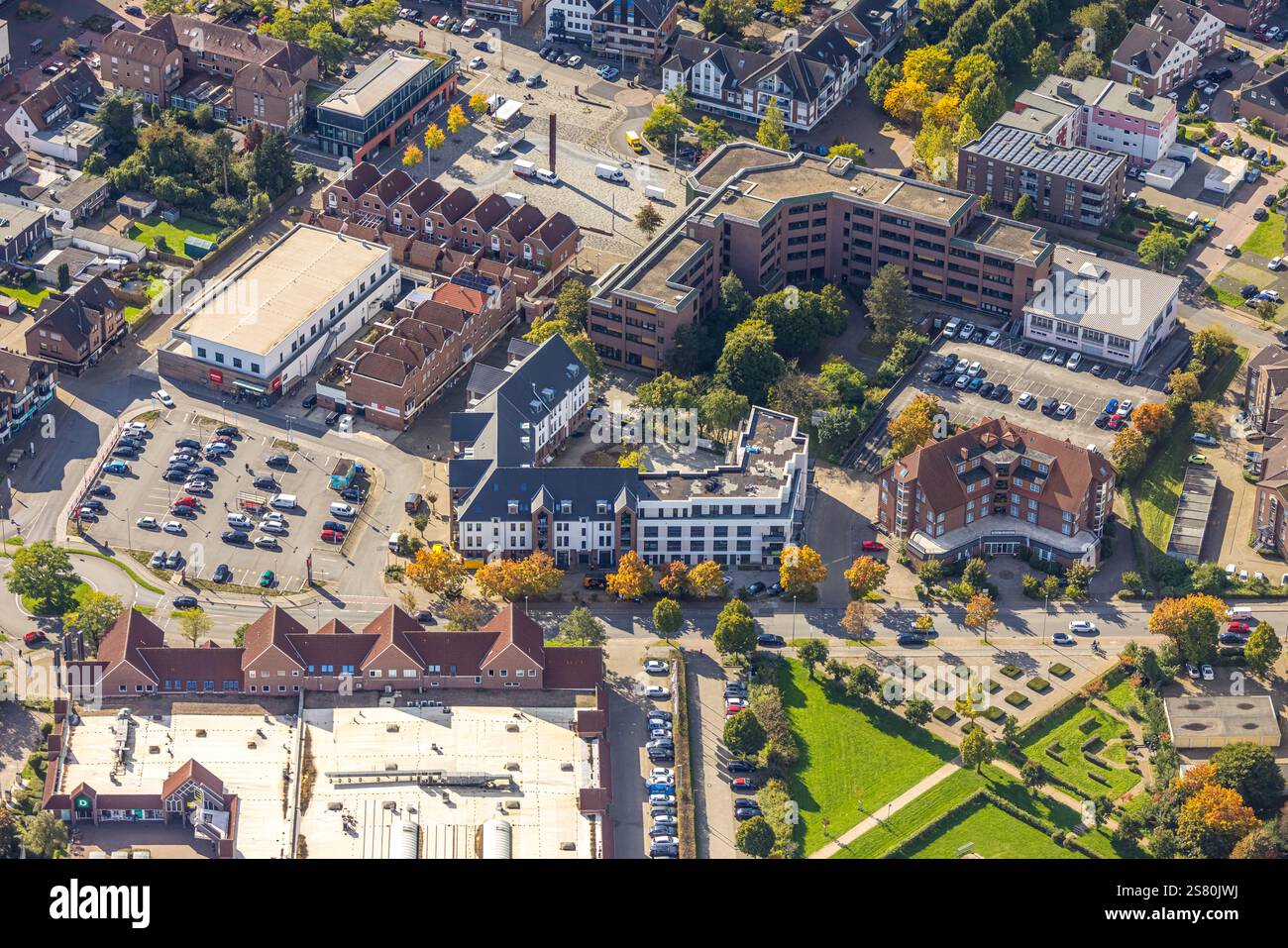 Aerial view, town hall and town hall square, shopping center with Penny ...