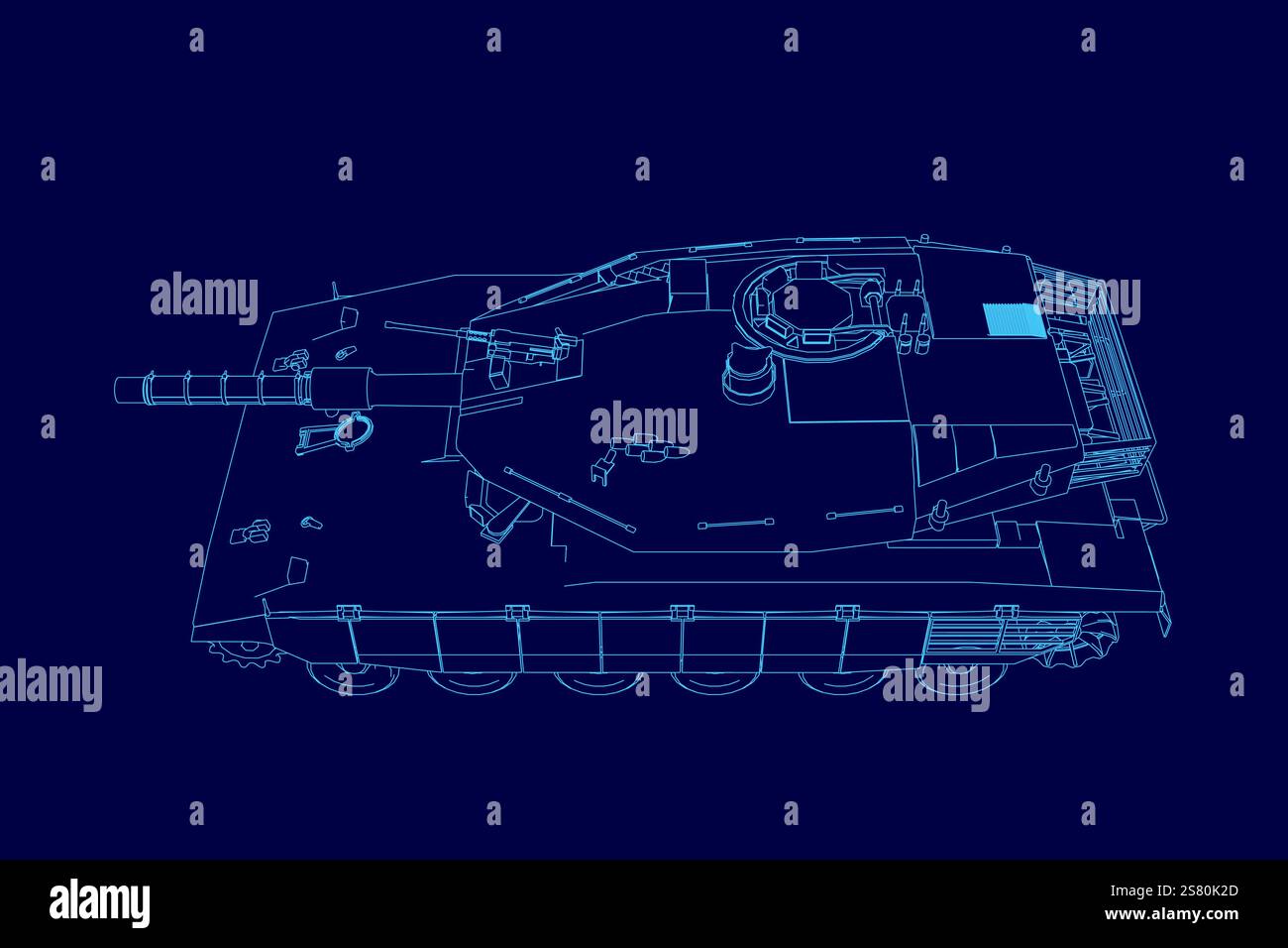 Blue drawing of a tank. The tank is shown in a very detailed and ...