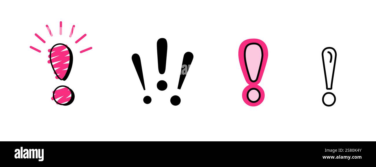 Exclamation mark icon in red speech bubble with black line, doodle ...
