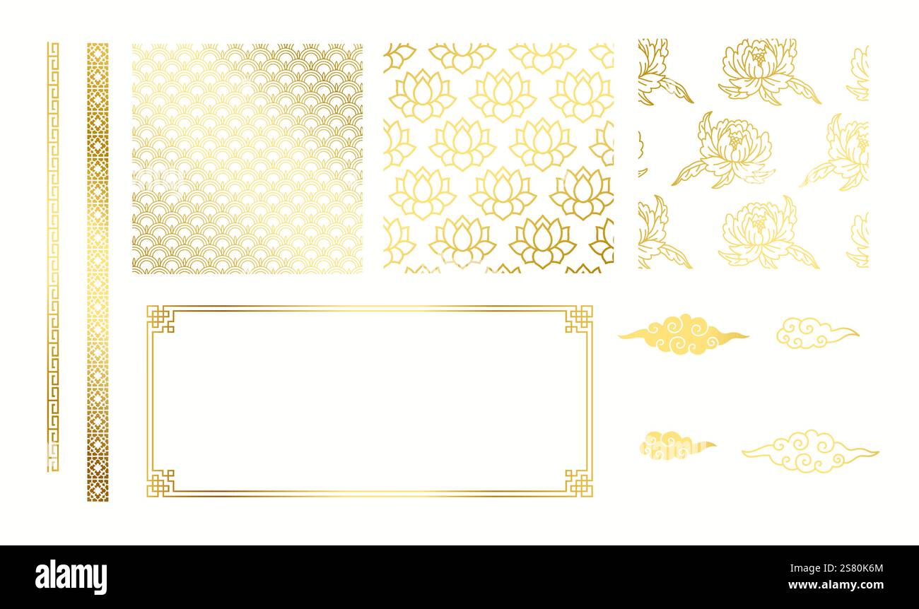 Golden Asian patterns borders and frame realistic color illustration ...
