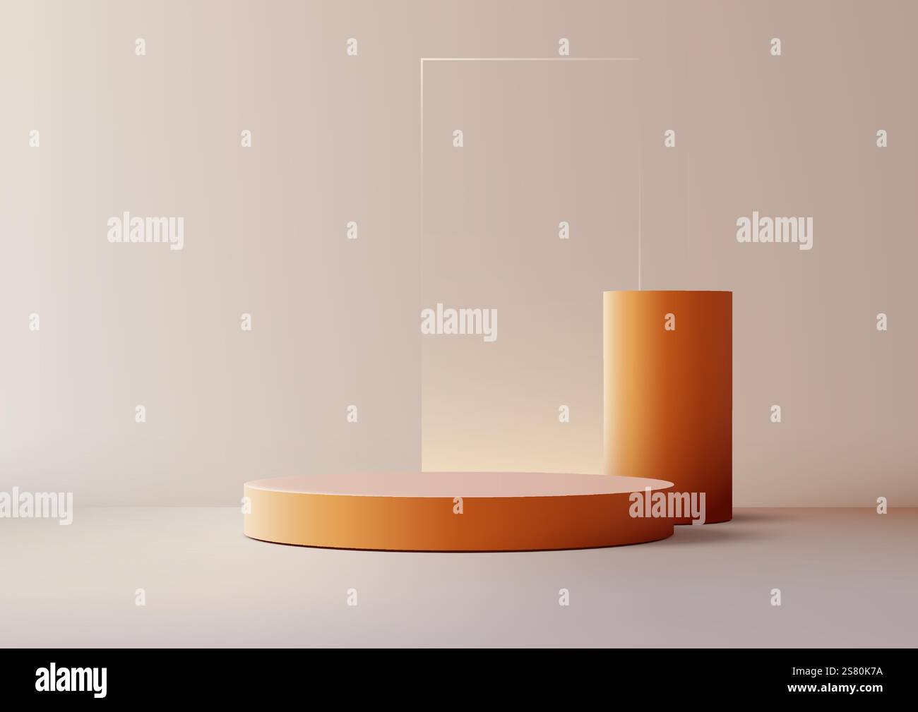 A minimalist 3D mockup featuring orange podiums, a transparent glass ...