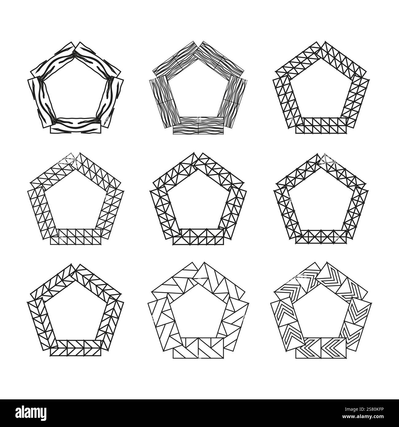 Pentagon decorative frames. Geometric line patterns. Abstract black outlines. Vector ...