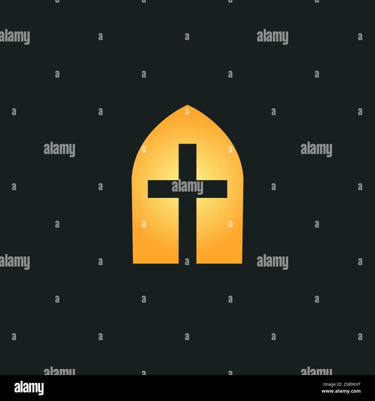 Glowing cross inside a golden arched window, symbolizing faith ...