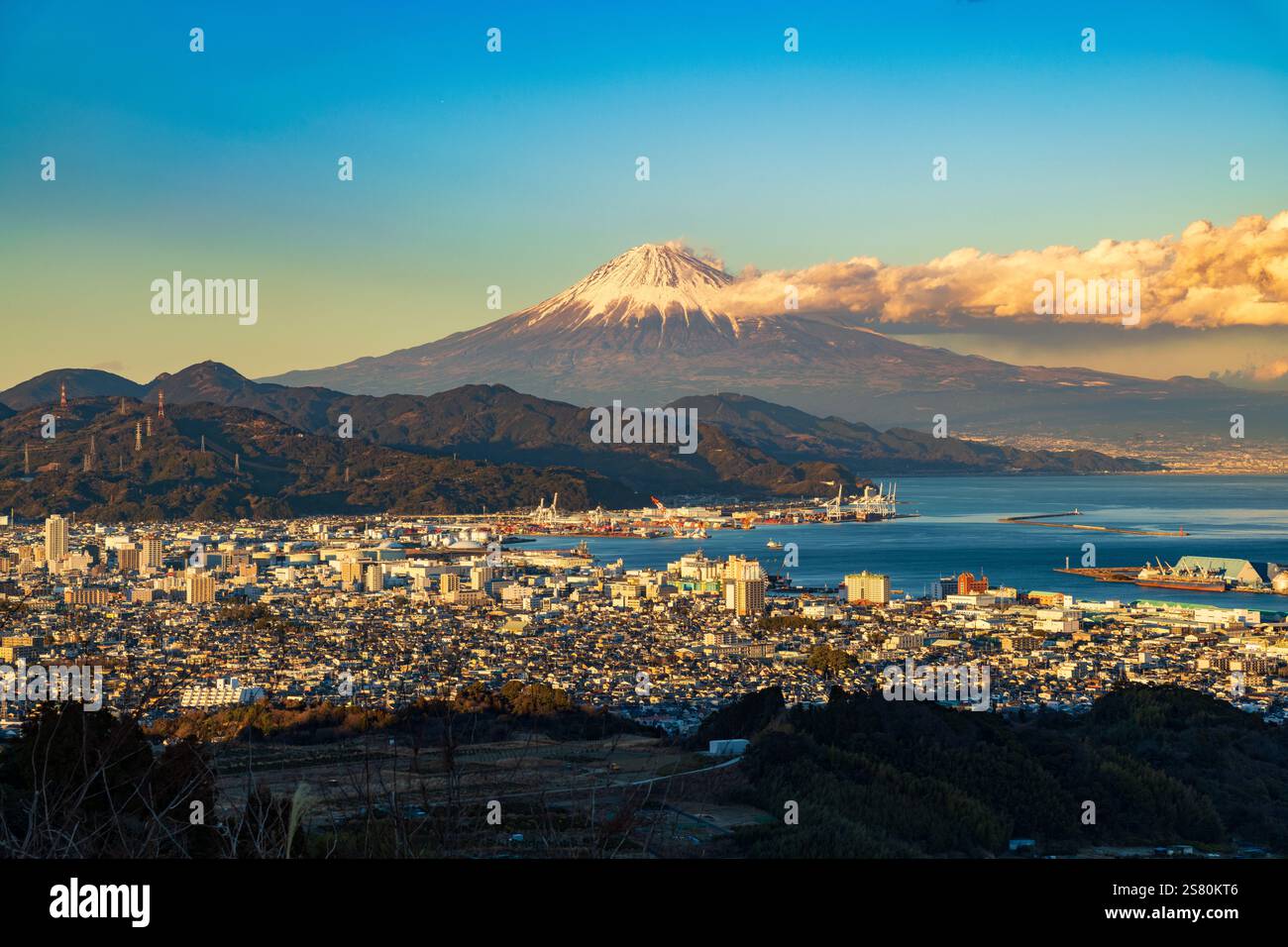 Mountain Fuji and Shimizu port in a background during sunset, Shizuoka ...