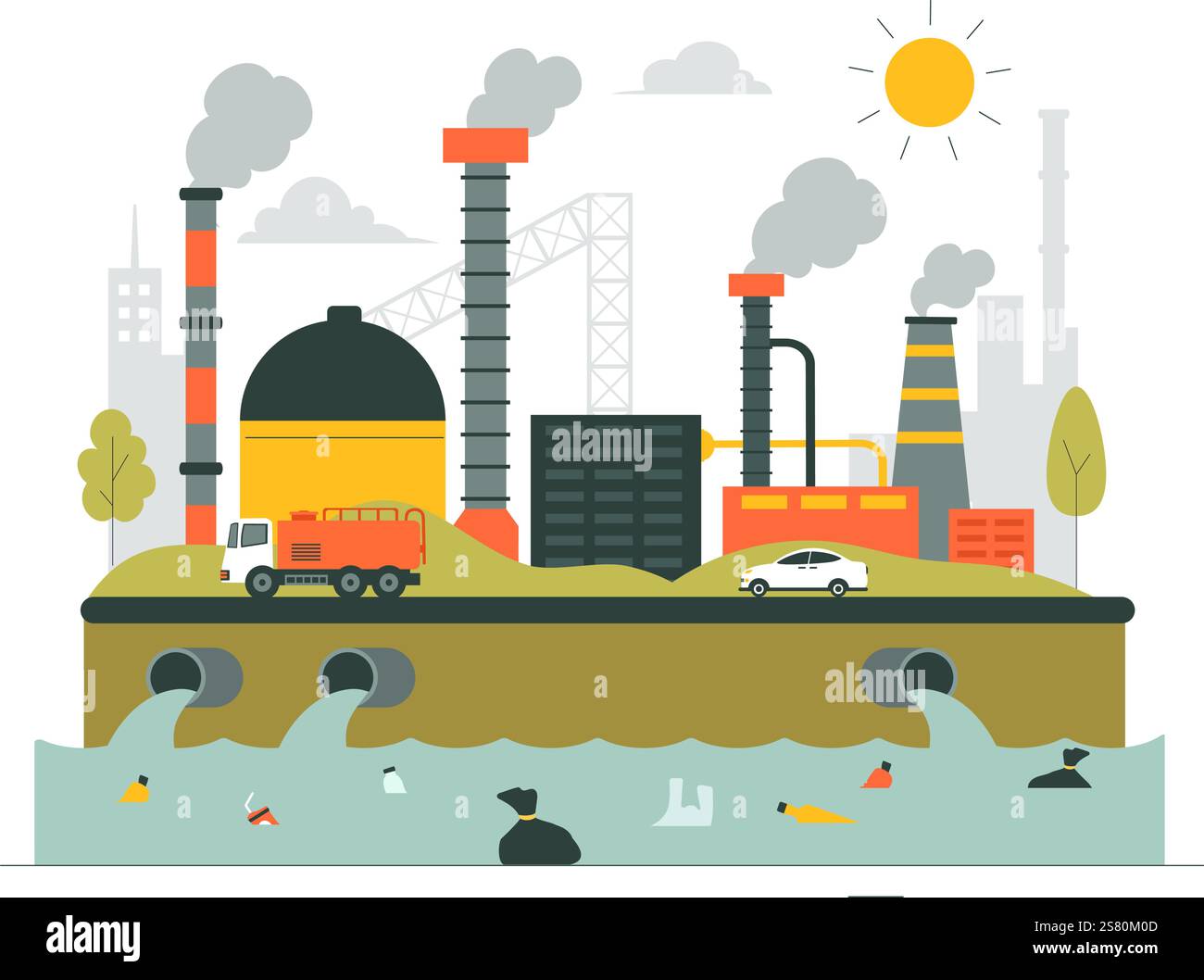 Water Pollution Vector Illustration Depicting an Environmental Disaster ...