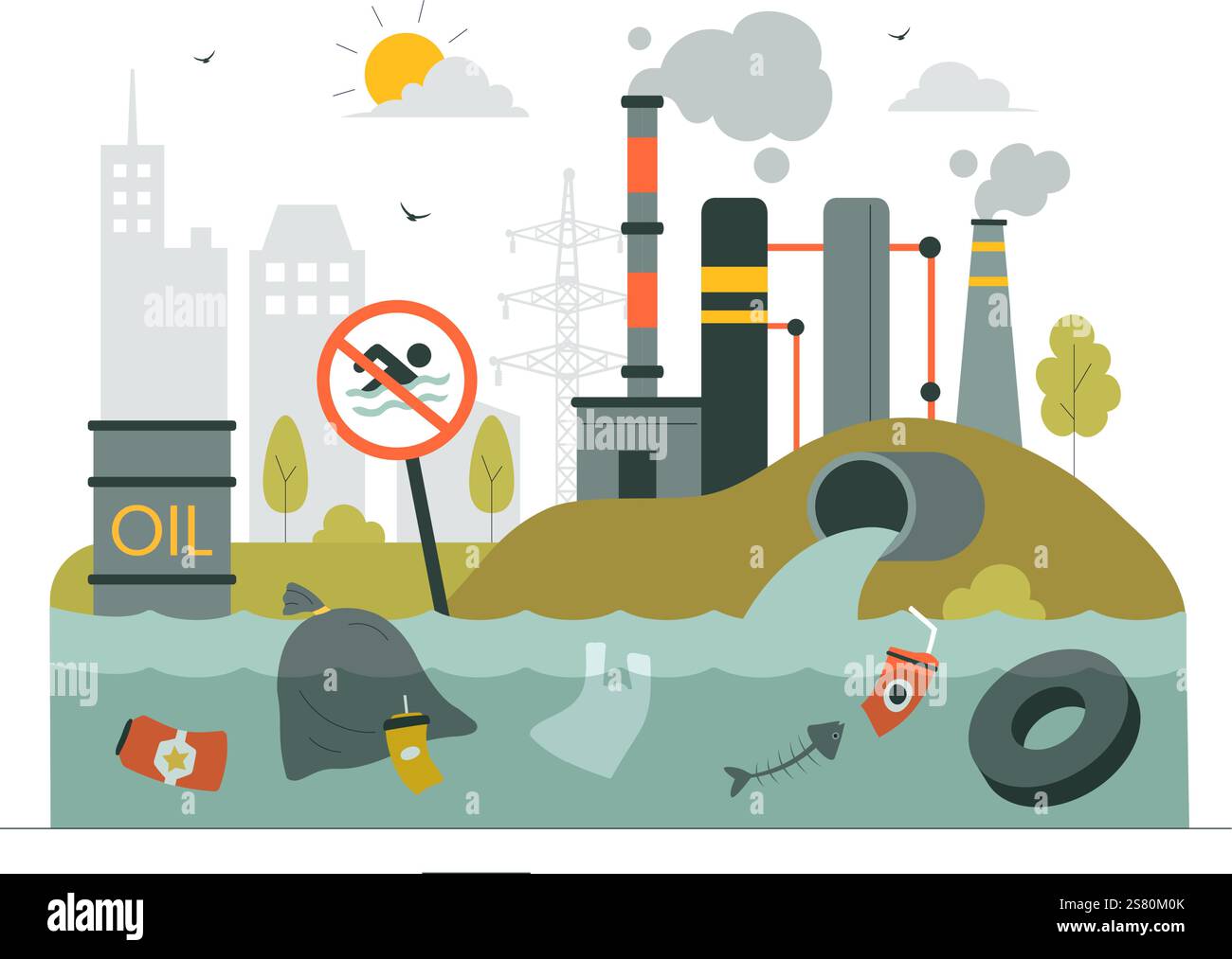 Water Pollution Vector Illustration Depicting an Environmental Disaster ...