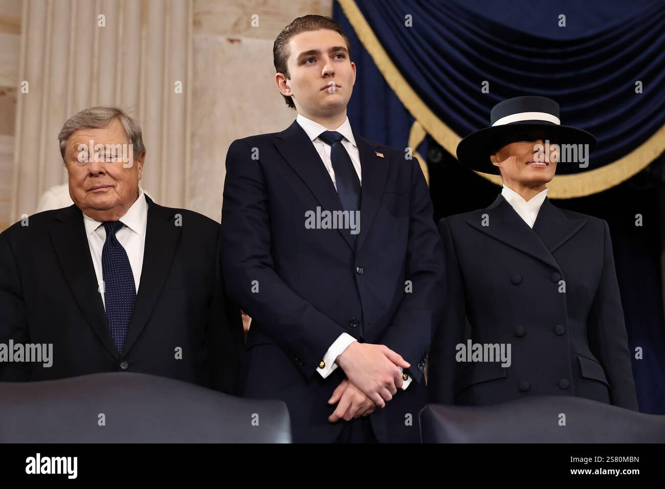 Viktor Knavs, Barron Trump and Melania Trump attend the inauguration of ...
