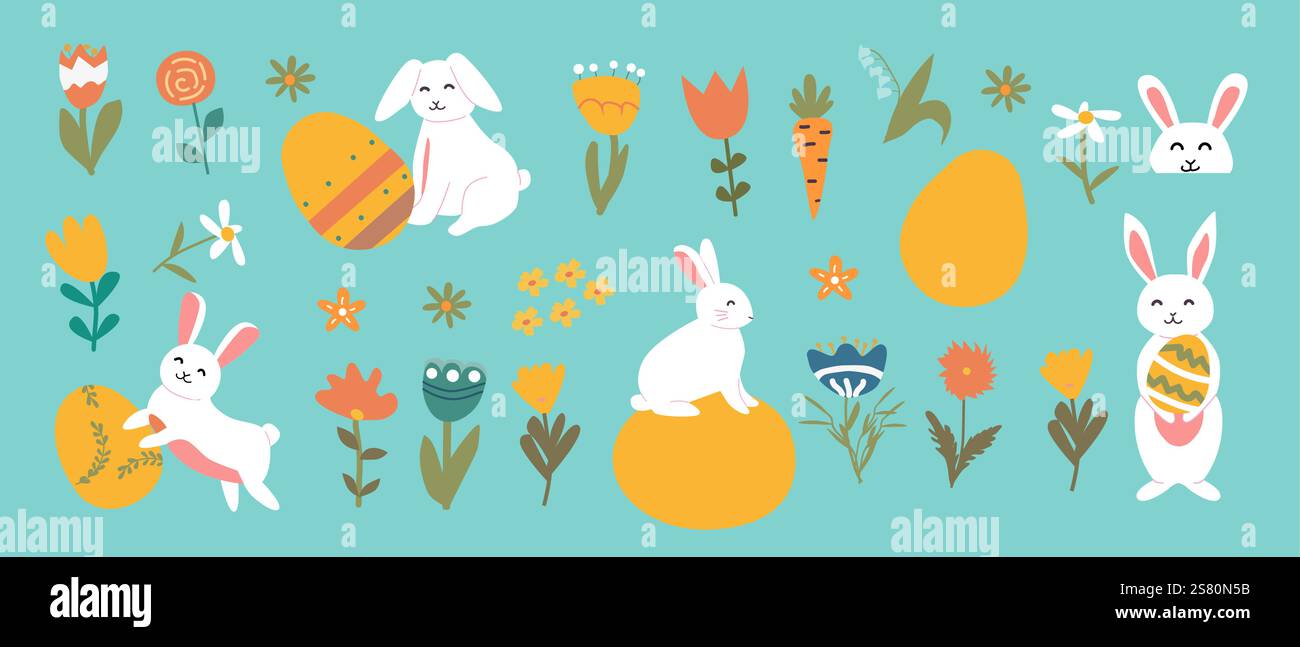 Easter bunnies and eggs amid colorful spring flowers on teal background ...