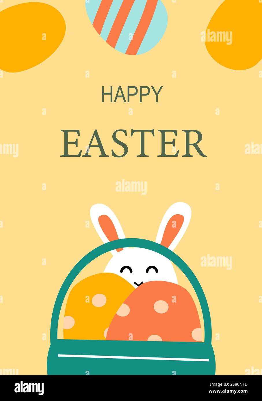 Cute easter bunny with colorful eggs in basket on pastel background ...