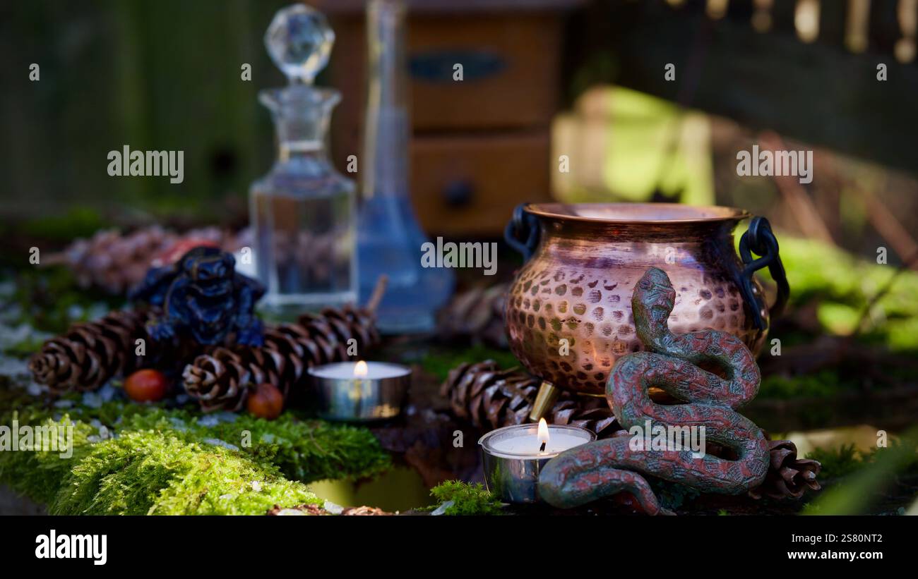A copper cauldron, glass bottles, a clay snake, tea lights on a mossy ...