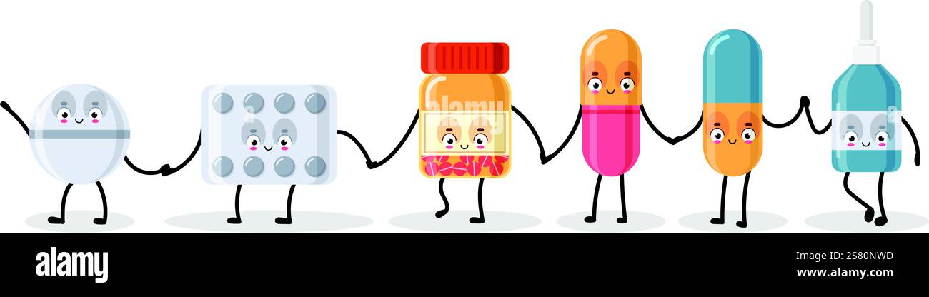 Cute character pills icon in flat style. Happy tablet vector ...