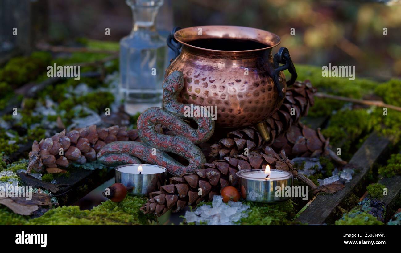 A copper cauldron, glass bottles, a clay snake, tea lights on a mossy ...