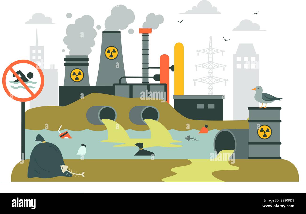 Water Pollution Vector Illustration Depicting an Environmental Disaster ...