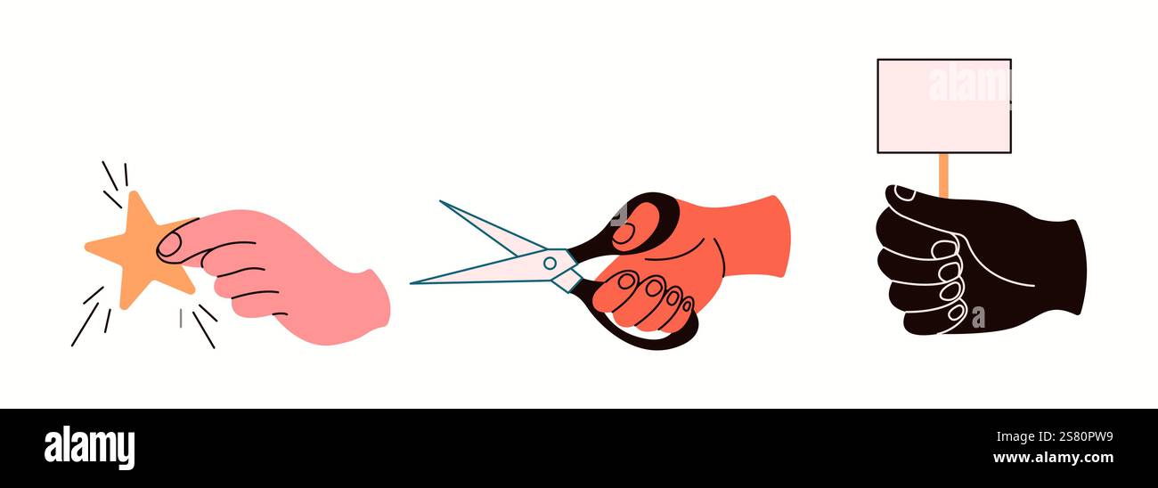 People hands with star scissors and placard flat color vector icons set ...