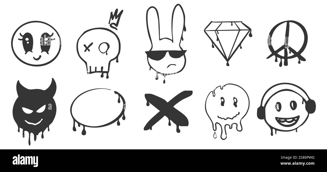 Graffiti Gangster tattoo elements, paint splash, spray. Heart face ...