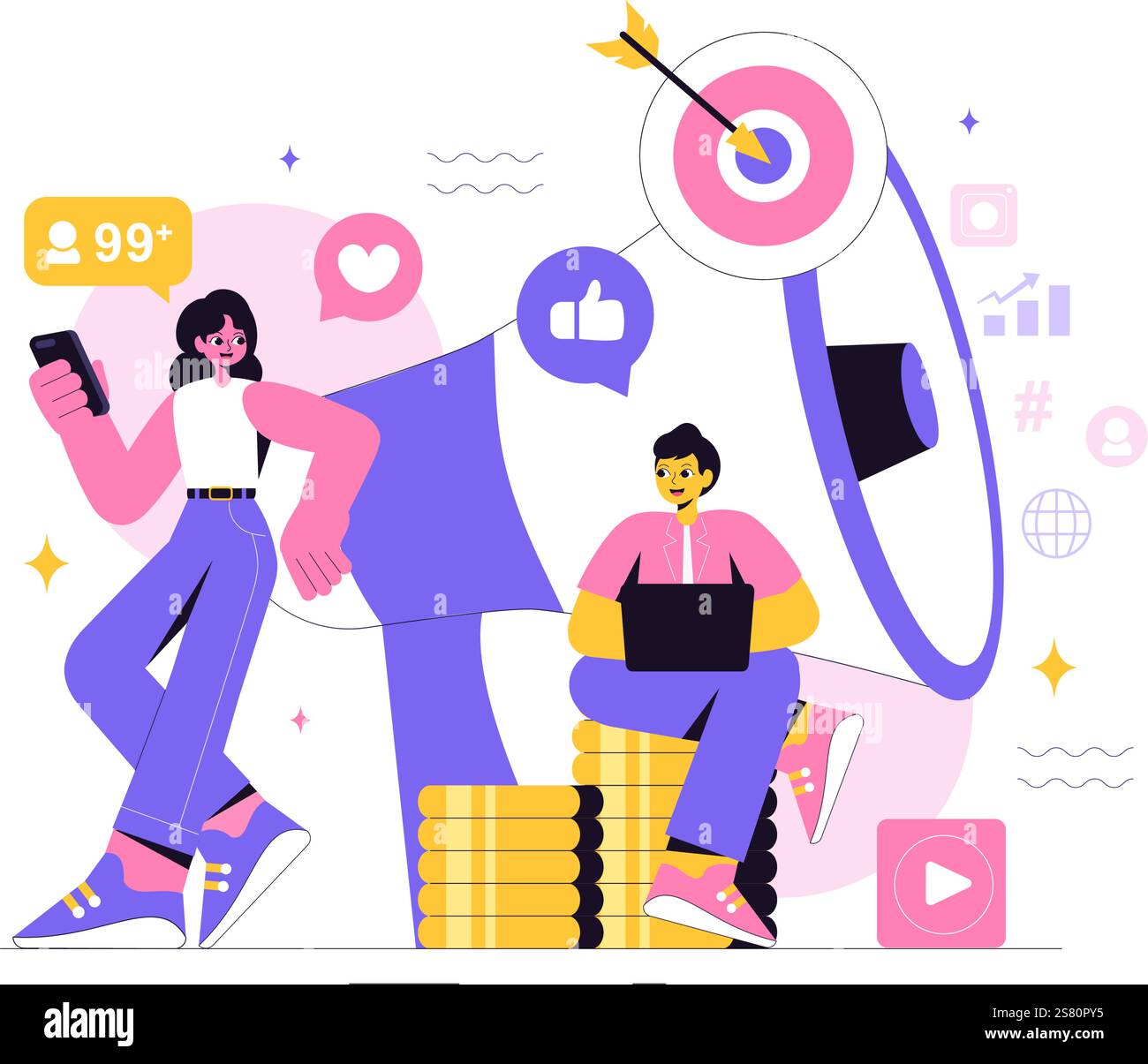 Social Media Marketing Illustration Featuring a Digital Marketing, Boosting Online Likes ...