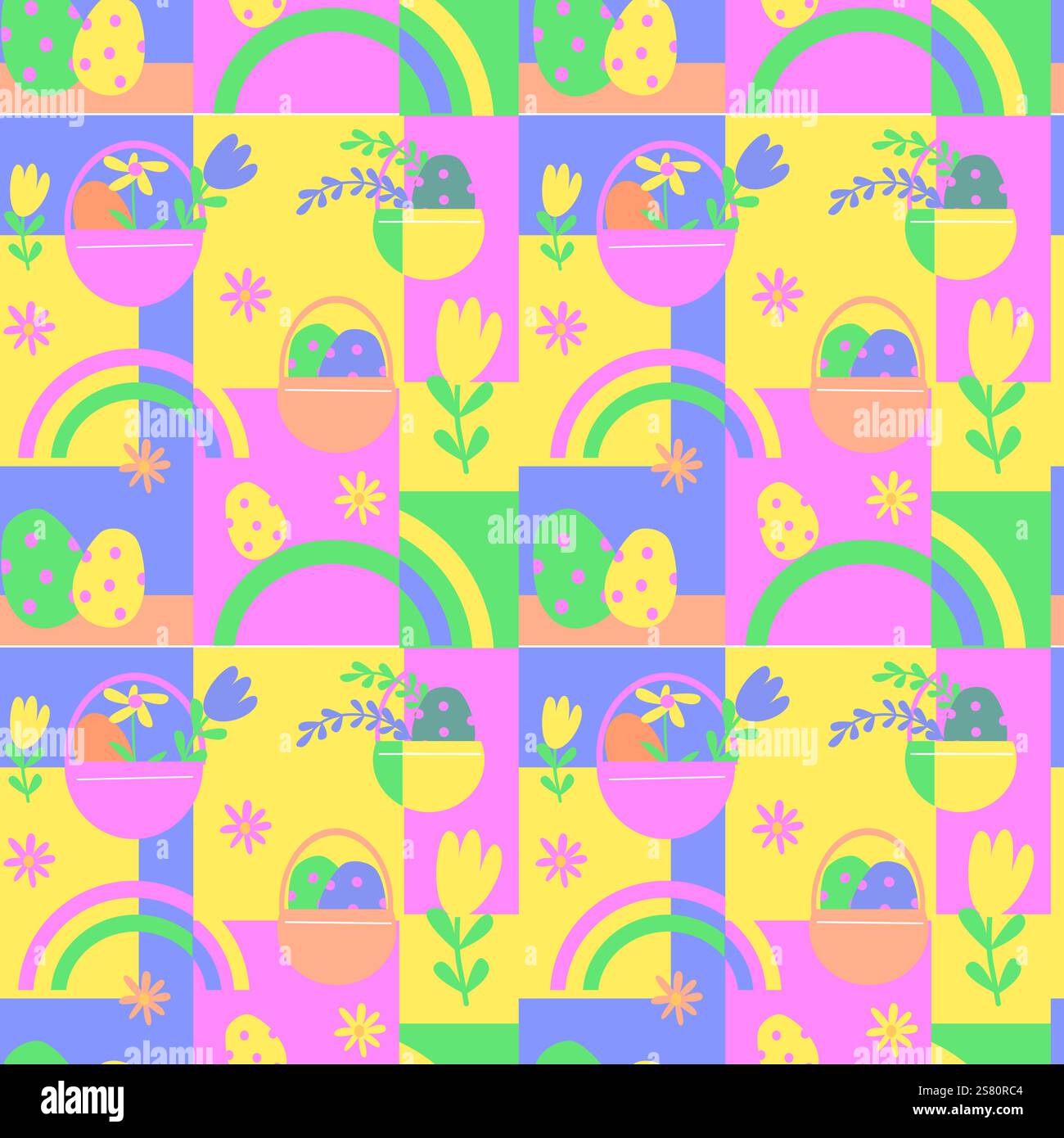 Colorful easter pattern with baskets, eggs, and flowers in pastel ...