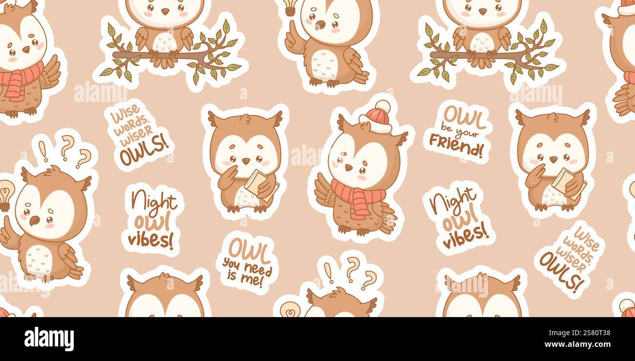 Bird Seamless pattern. Cute cartoon owl character with cool slogans ...