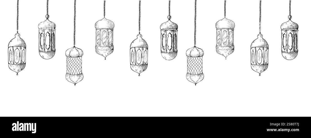 Vector frame with Moroccan arabian lantern, light, crescent stars on ...