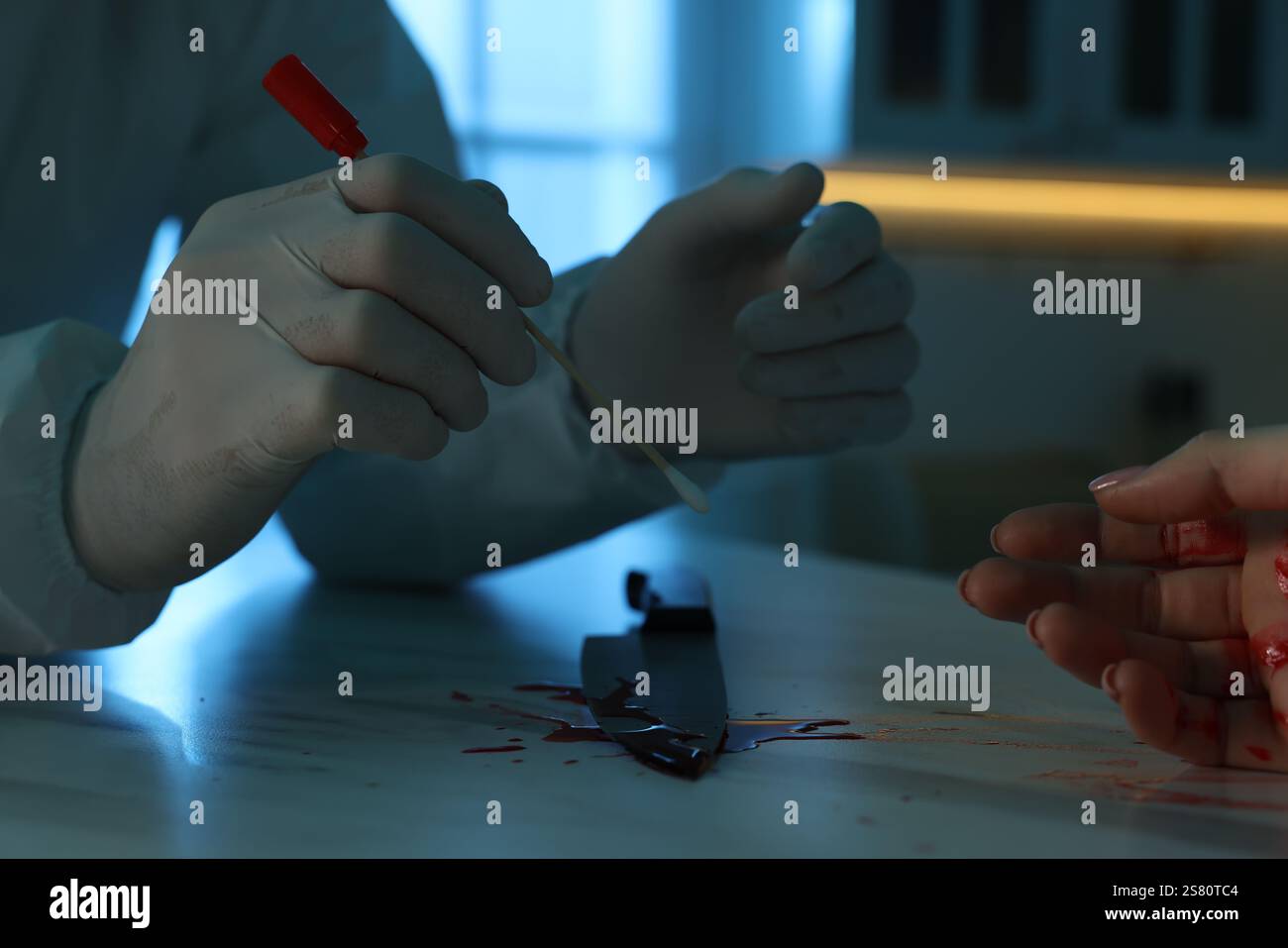 Forensic expert taking blood sample and dead woman's body at countertop ...