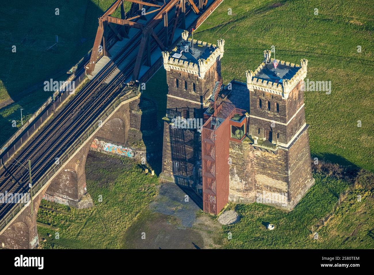 Aerial view, bridge tower Rheinhausen Duisburg at the Hochfeld railroad ...