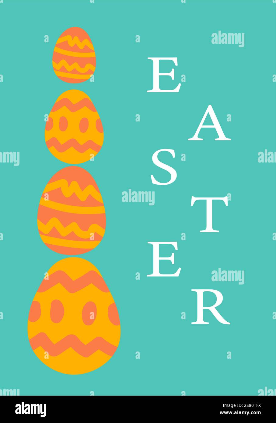 Vertical stack of orange easter eggs with zigzag patterns on teal ...
