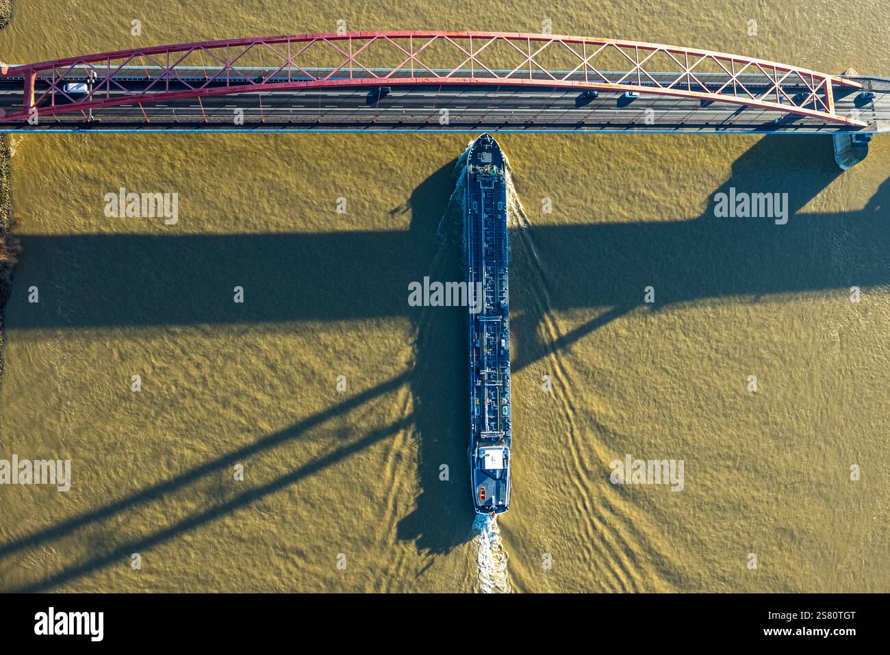 Aerial view, red bridge of solidarity over the river Rhine, tanker ...