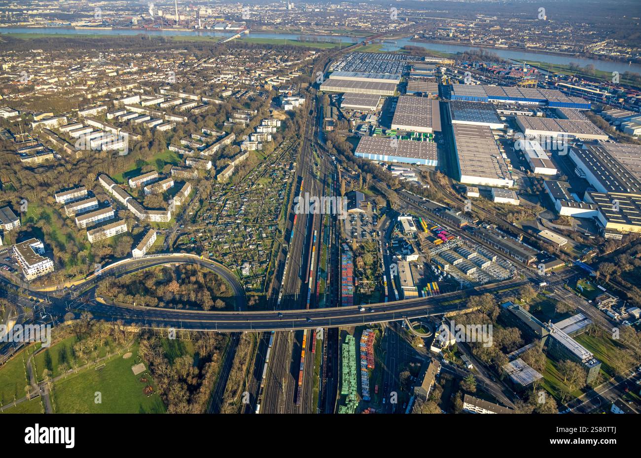 Aerial view, curved road Zum Logport and bridge Friedrich-Ebert-Straße ...