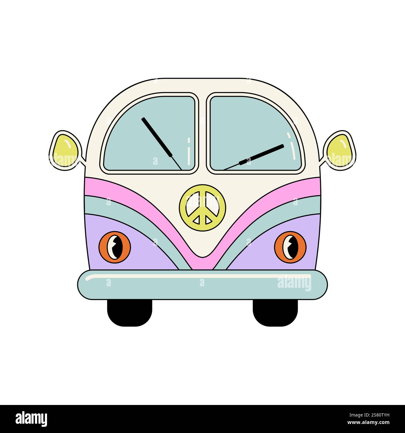 Groovy retro hippie bus. Cartoon psychedelic flower van, funky old ...