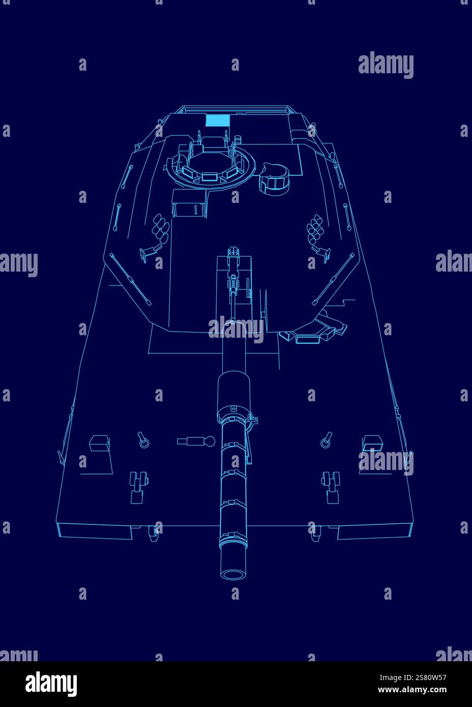 Blue drawing of a tank. The tank is shown from the side and the front ...