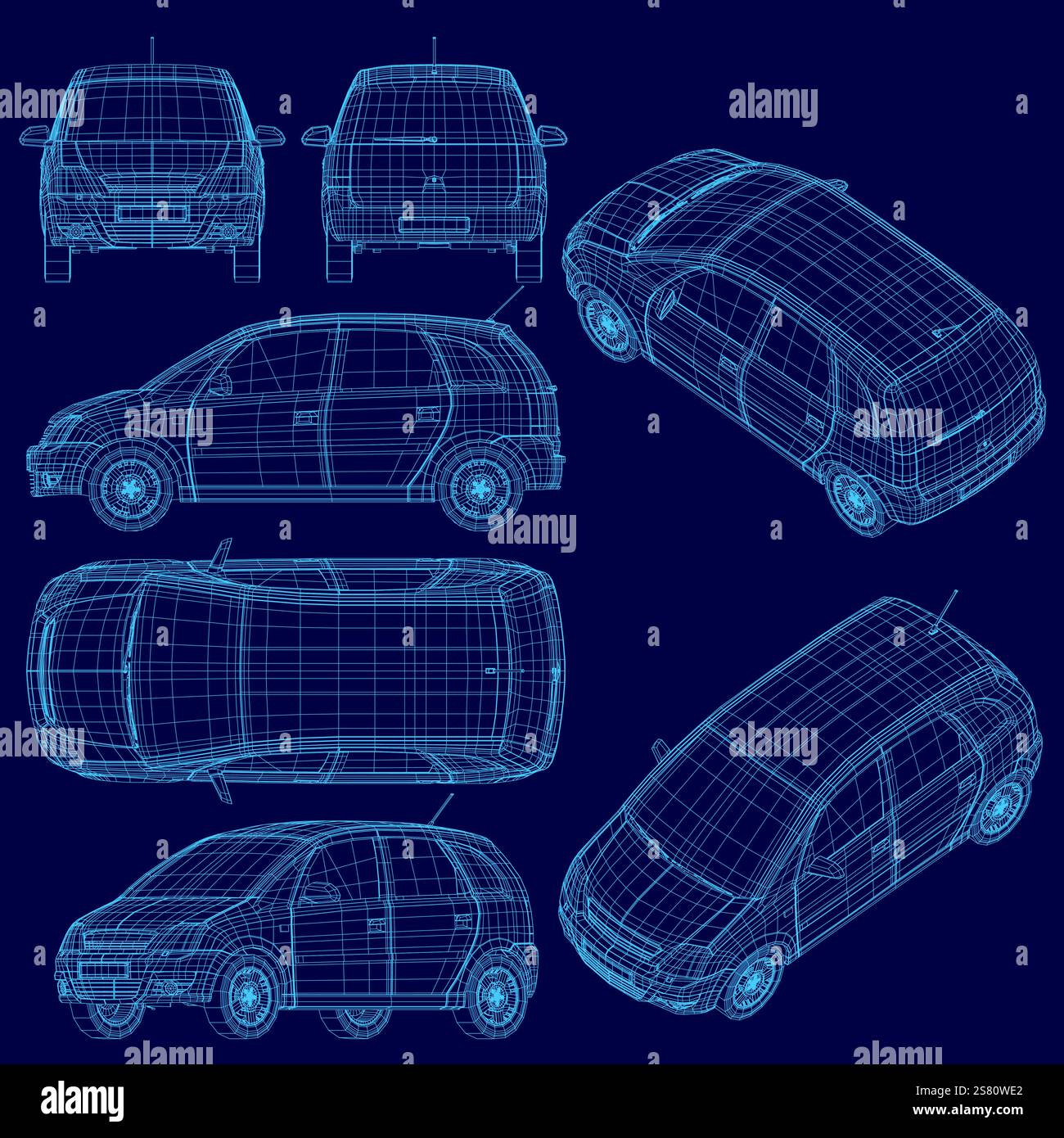 Blue car is shown in different angles. The car is a hatchback and has a ...
