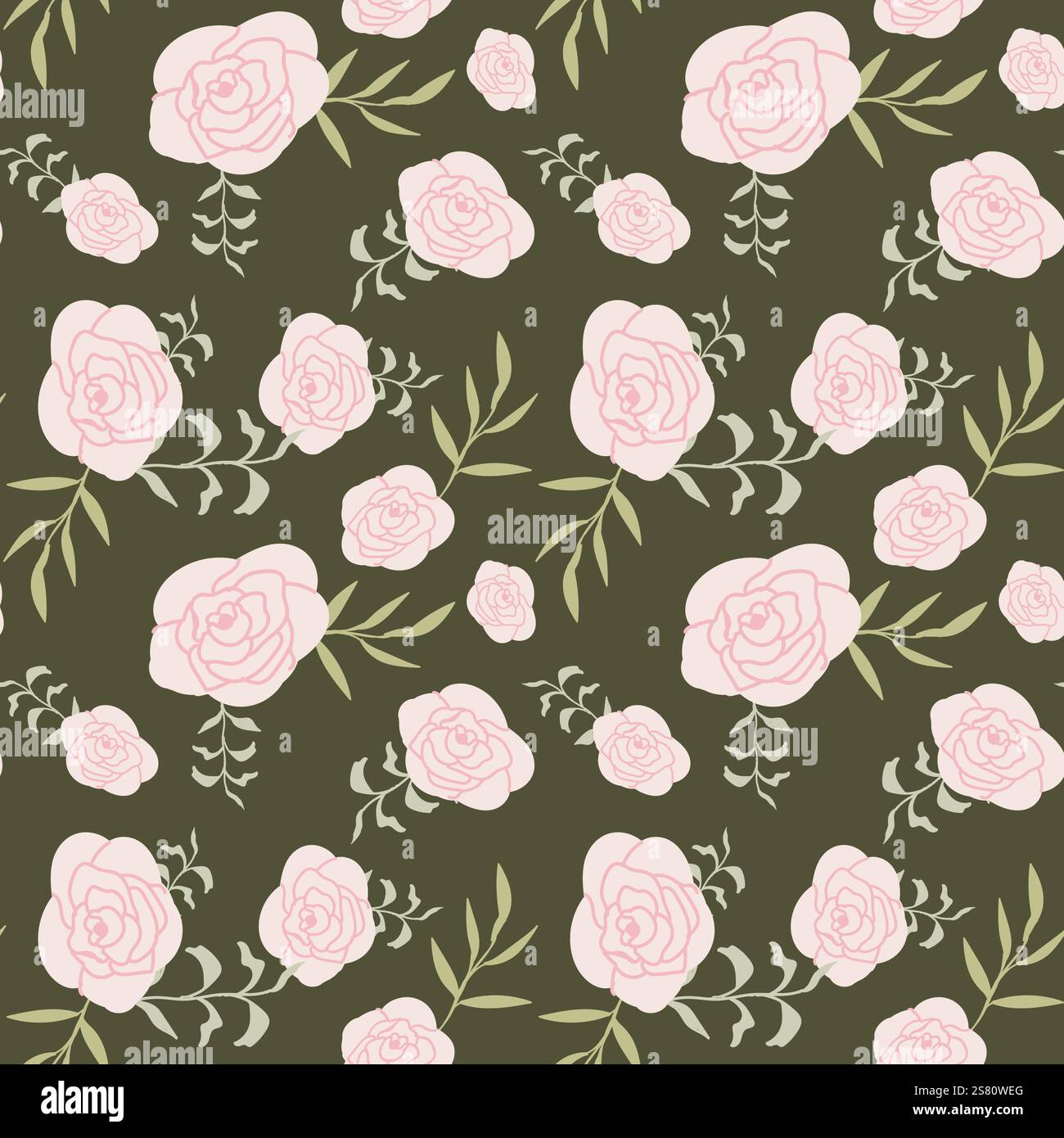 Seamless pattern of pink roses with green leaves on olive background ...