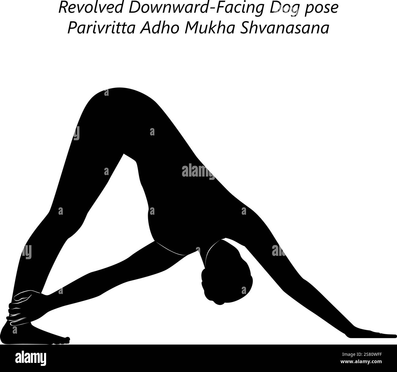 Silhouette of woman practicing Parivritta Adho Mukha Shvanasana yoga ...