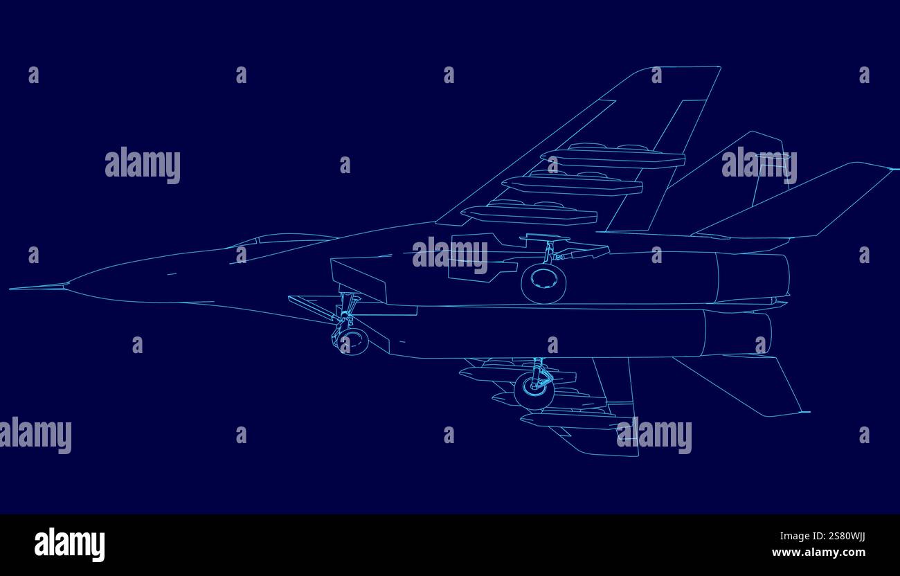 Blue computer generated image of a fighter jet. The jet is shown in a ...