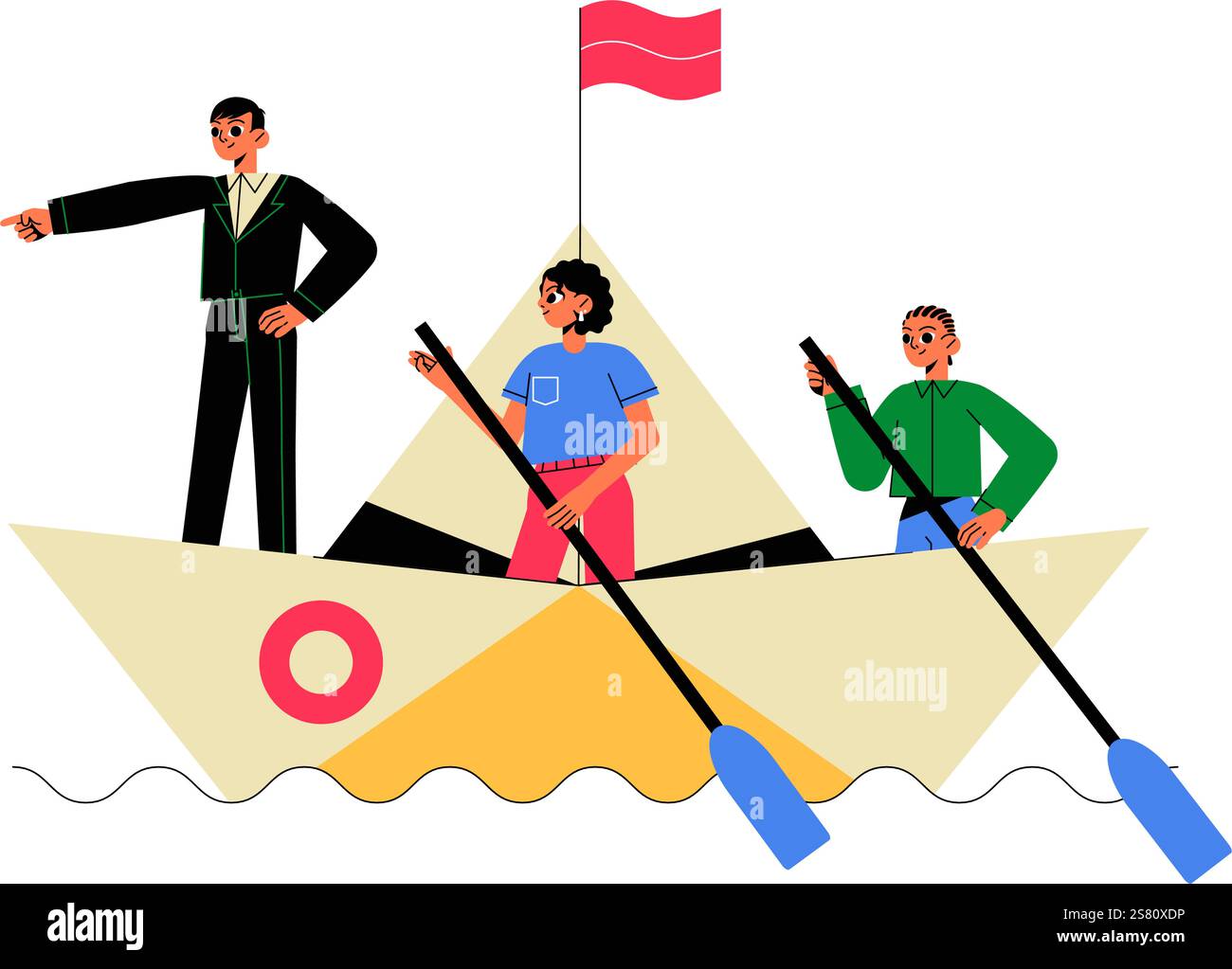 Team Rowing Boat In Flat Vector Illustration Symbolizing Leadership ...