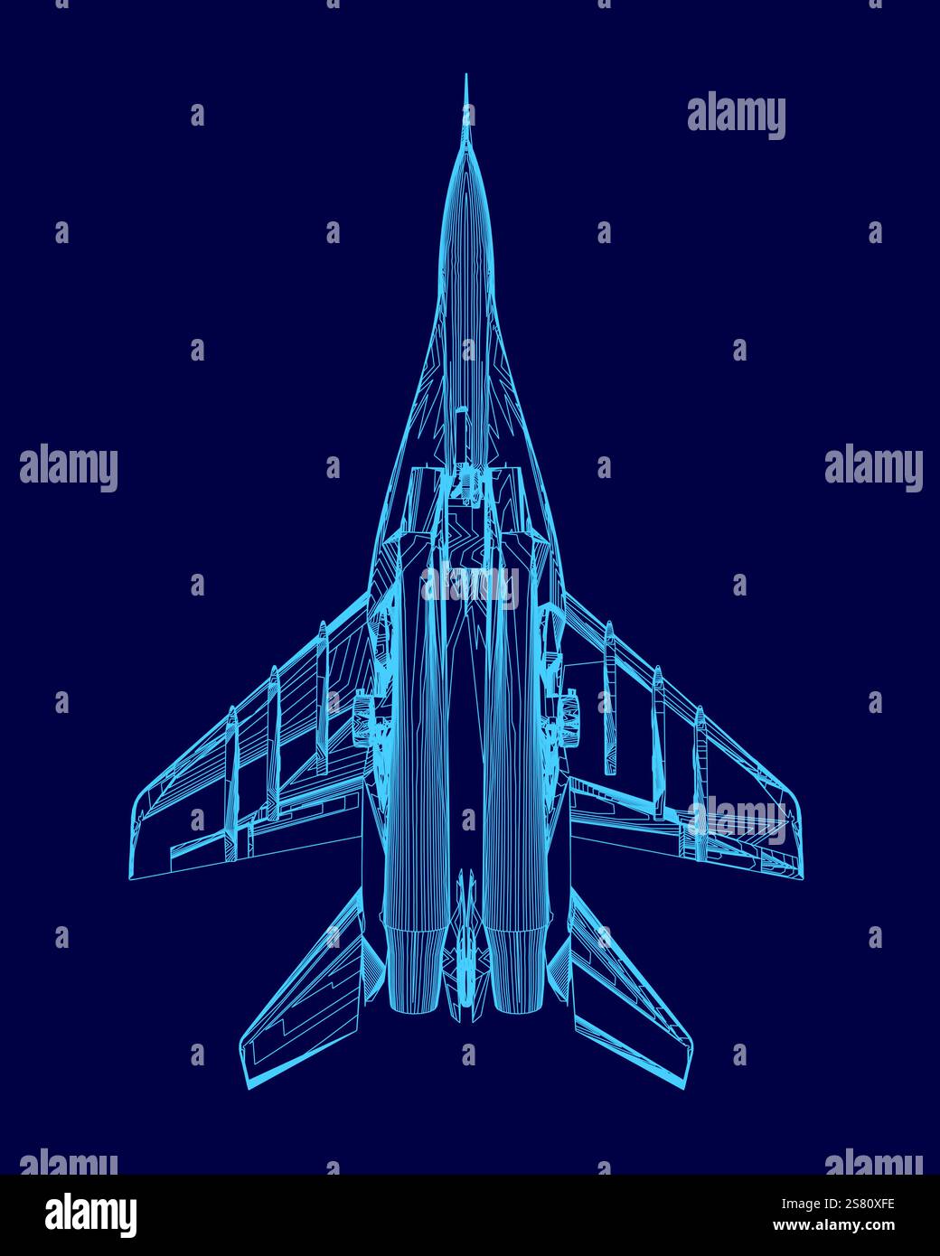 Blue drawing of a jet plane with a pointed nose. The jet is in the ...