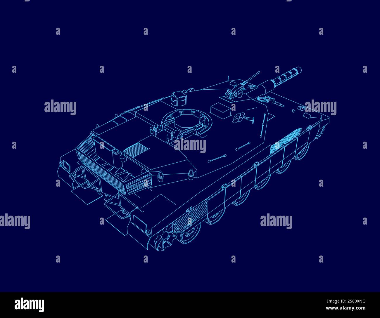 Blue drawing of a tank with a blue outline. The tank is shown in a blue ...