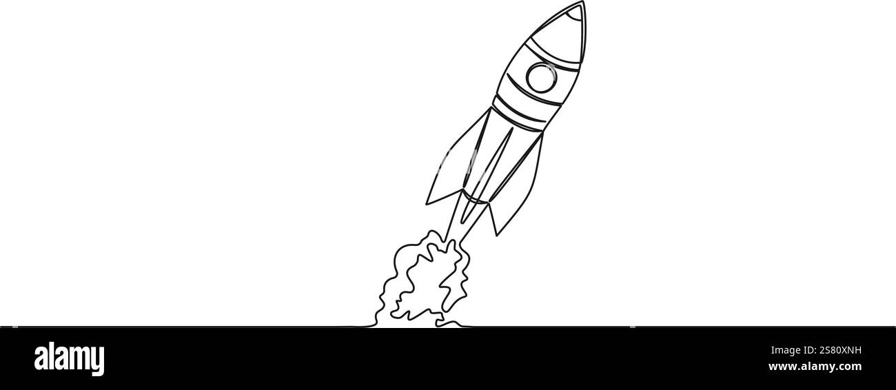 continuous single line drawing of space rocket taking off, line art ...