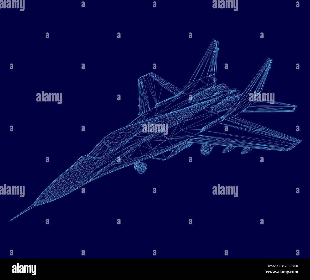 Blue jet is flying in the sky. The jet is a fighter jet and is in the ...