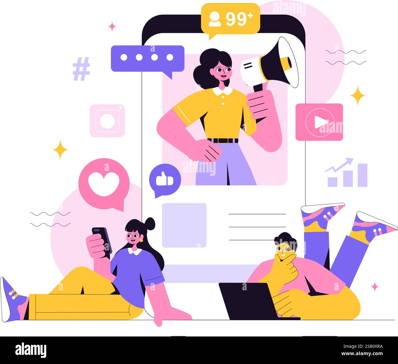 Social Media Marketing Illustration Featuring a Digital Marketing, Boosting Online Likes ...