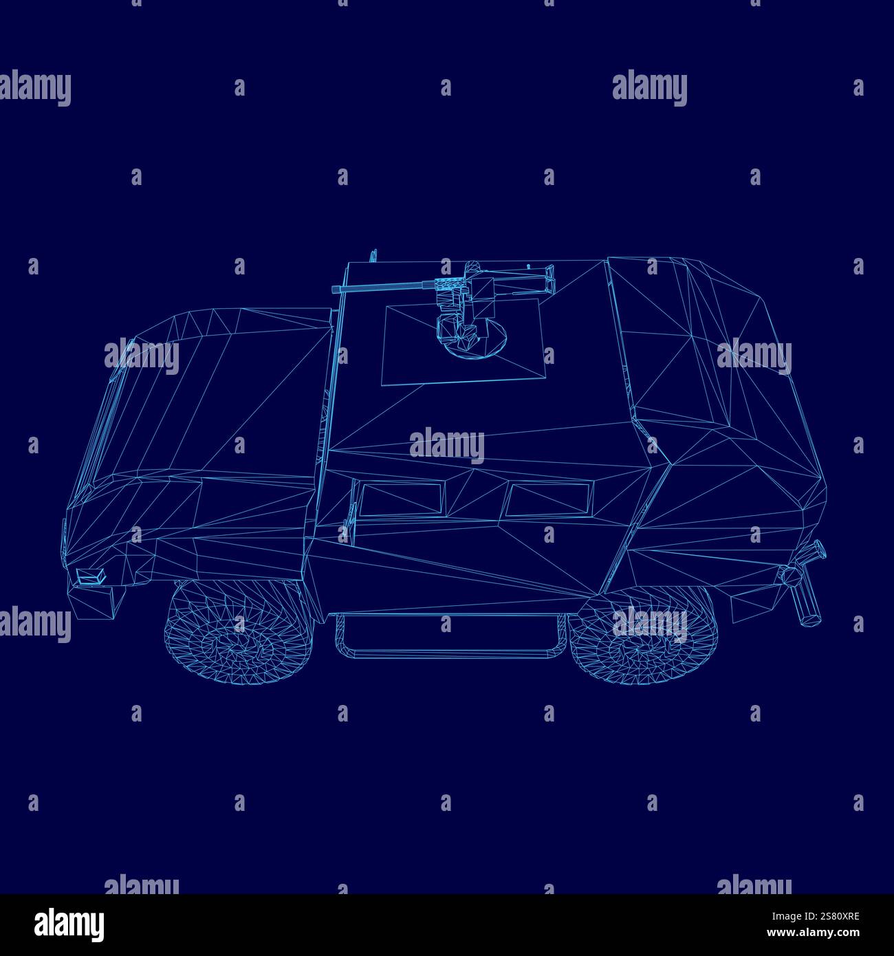 Blue car with a gun on top of it. The car is a military vehicle. The ...