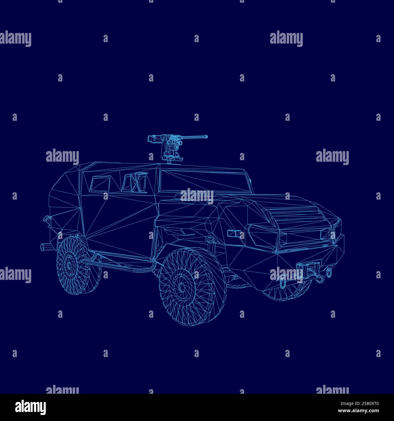 Blue car with a gun on top of it. The car is a military vehicle. The ...