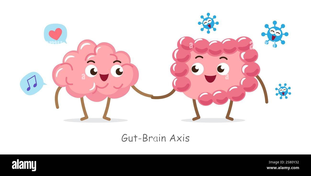 Gut-brain axis . Cartoon character of human brain and intestine ...
