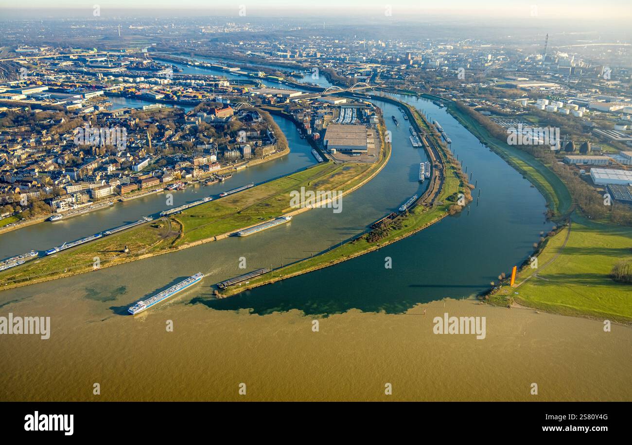 Aerial view, general view port Duisburg duisport, river Ruhr estuary ...