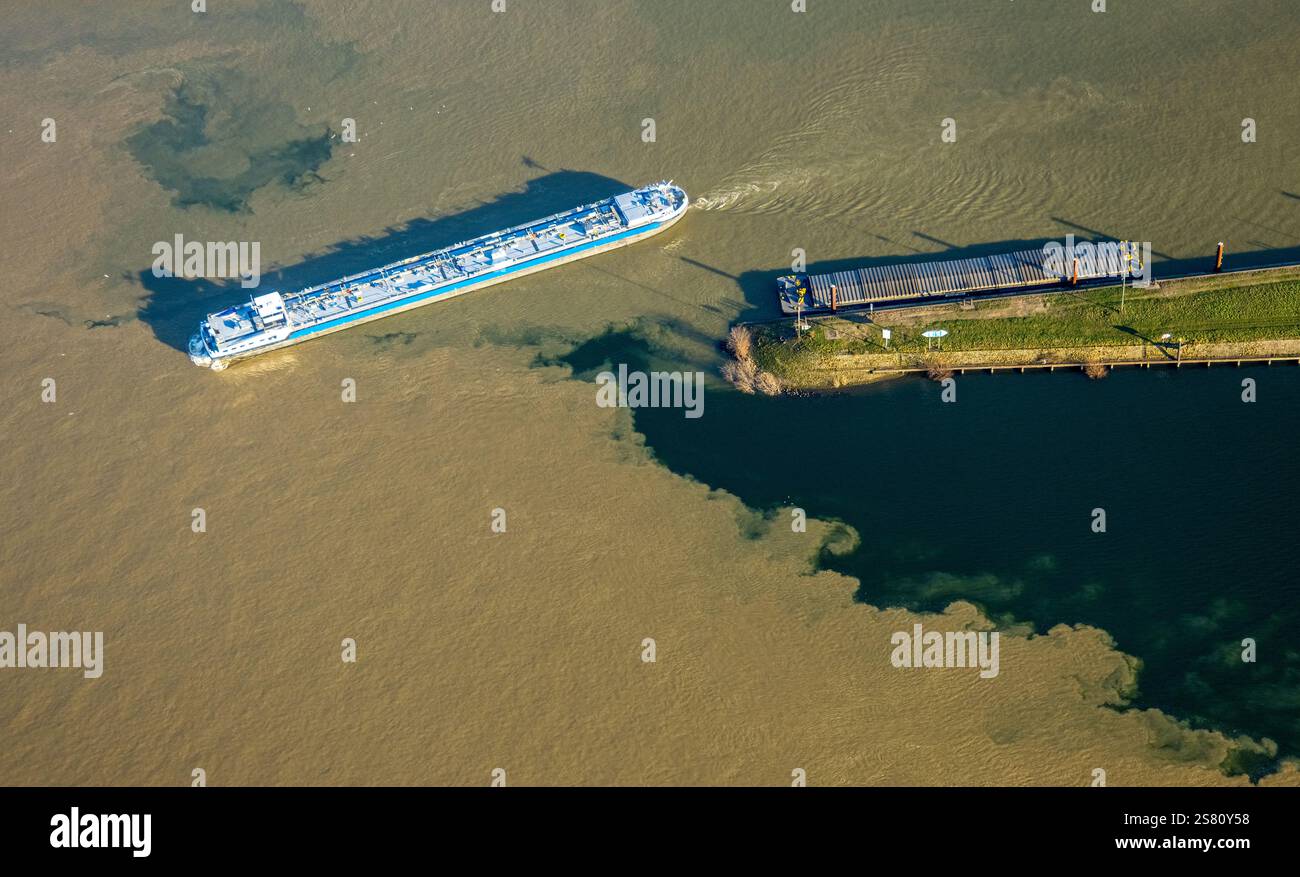 Aerial view, inland navigation on the river Ruhr and Rhine with a gas ...
